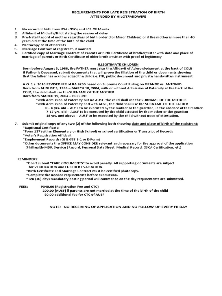 Late Registration of Birth Attended by Hilot or Midwife PDF | PDF ...