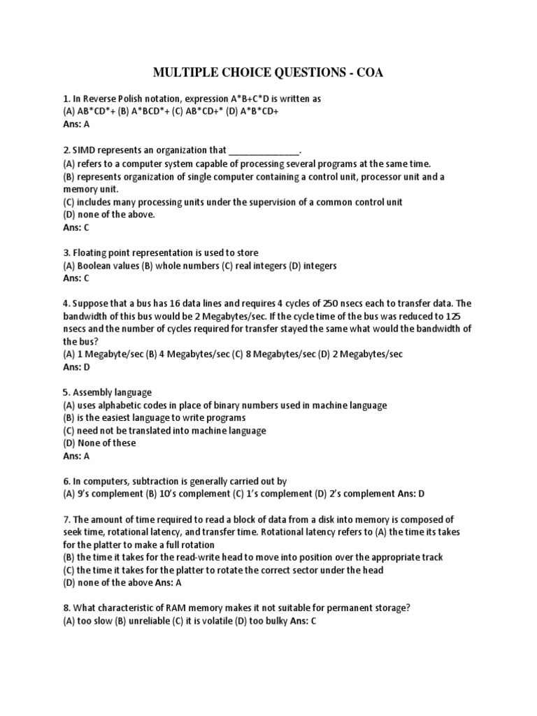 Multiple Choice Questions - Coa: Ans: A | Download Free PDF | Random Access Memory | Subroutine