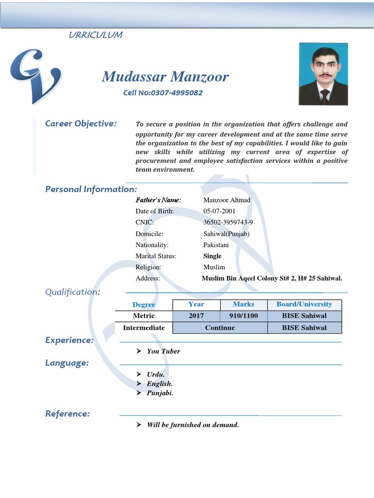 Curriculum Vitae of Mudassar Manzoor | PDF