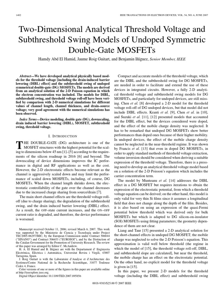 Two-Dimensional Analytical Threshold Voltage and Subthreshold Swing Models of Undoped Symmetric ...