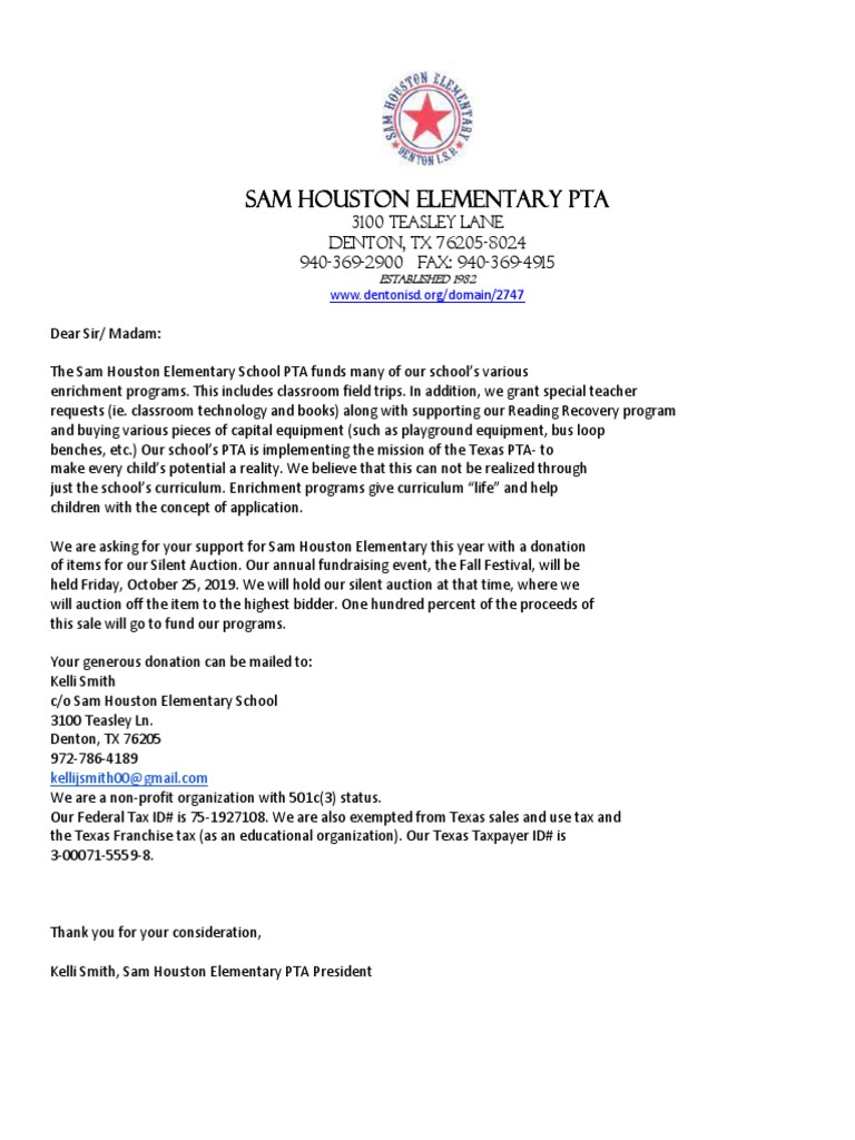 Sam Houston Elementary PTA: 3100 Teasley Lane Denton, TX 76205-8024 940 ...