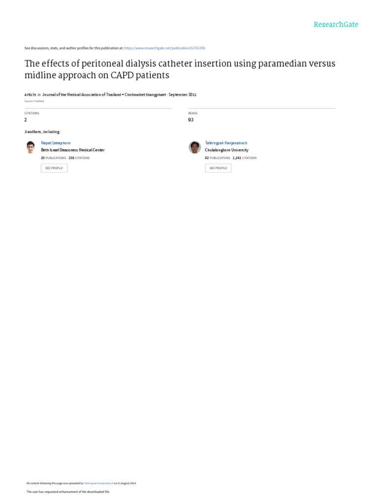 The Effects of Peritoneal Dialysis Catheter Insertion Using Paramedian ...