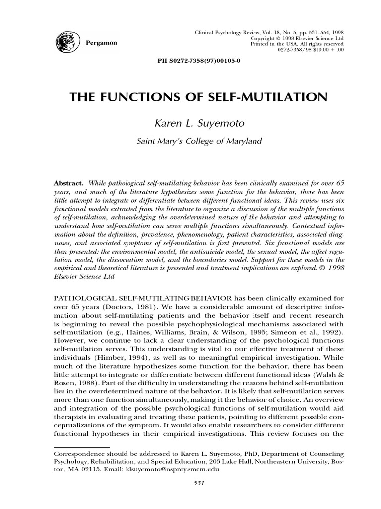 The Functions of Self Mutilation | PDF | Self Harm | Dialectical ...