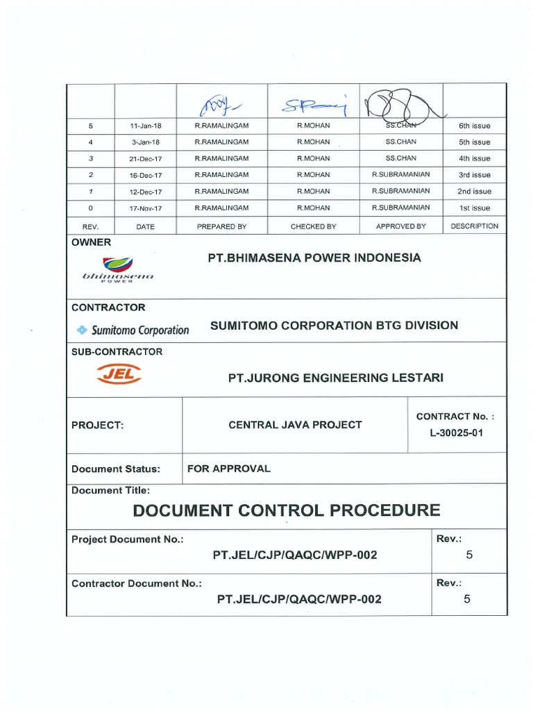 PTJEL CJP QAQC WPP 002 Rev 5 - Document Control Procedure | PDF ...
