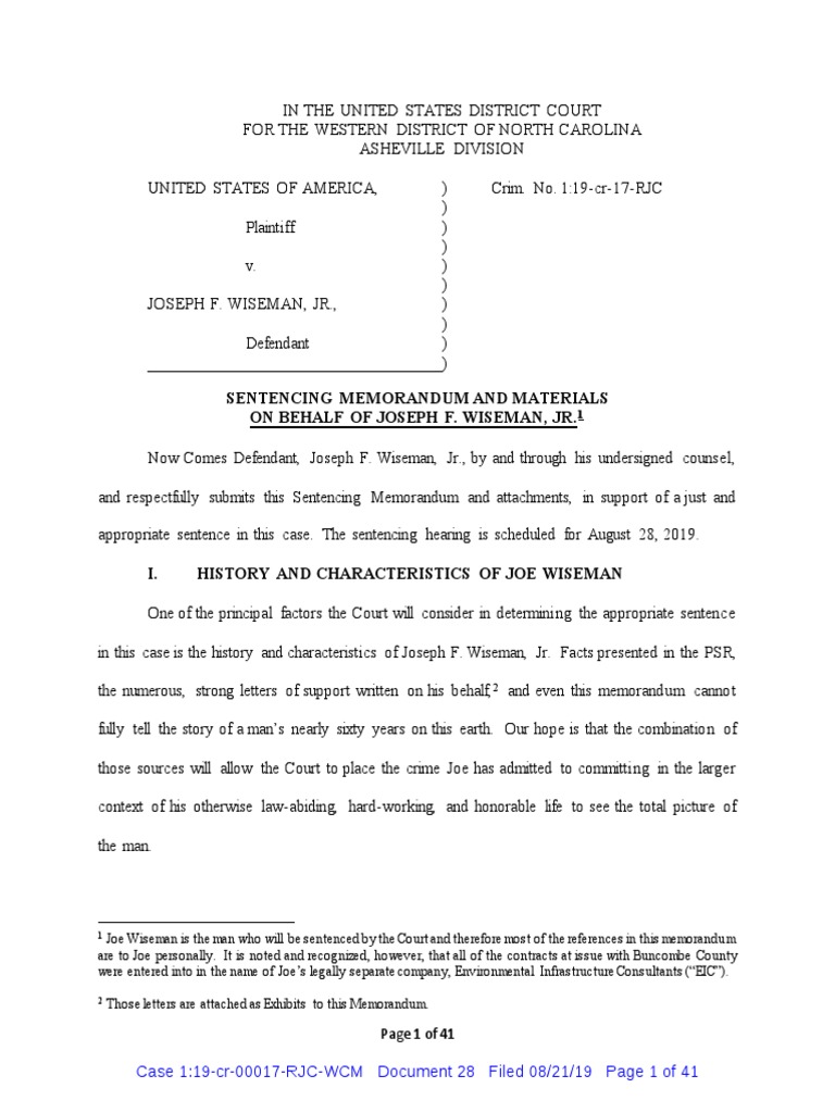 Joe Wiseman Sentencing Memorandum | Download Free PDF | Business