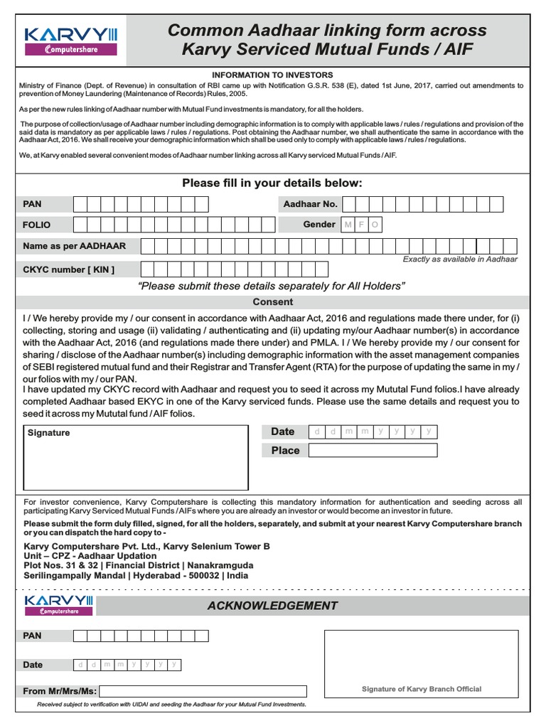 Common Aadhaar Linking Form Across Karvy Serviced Mutual Funds / AIF ...