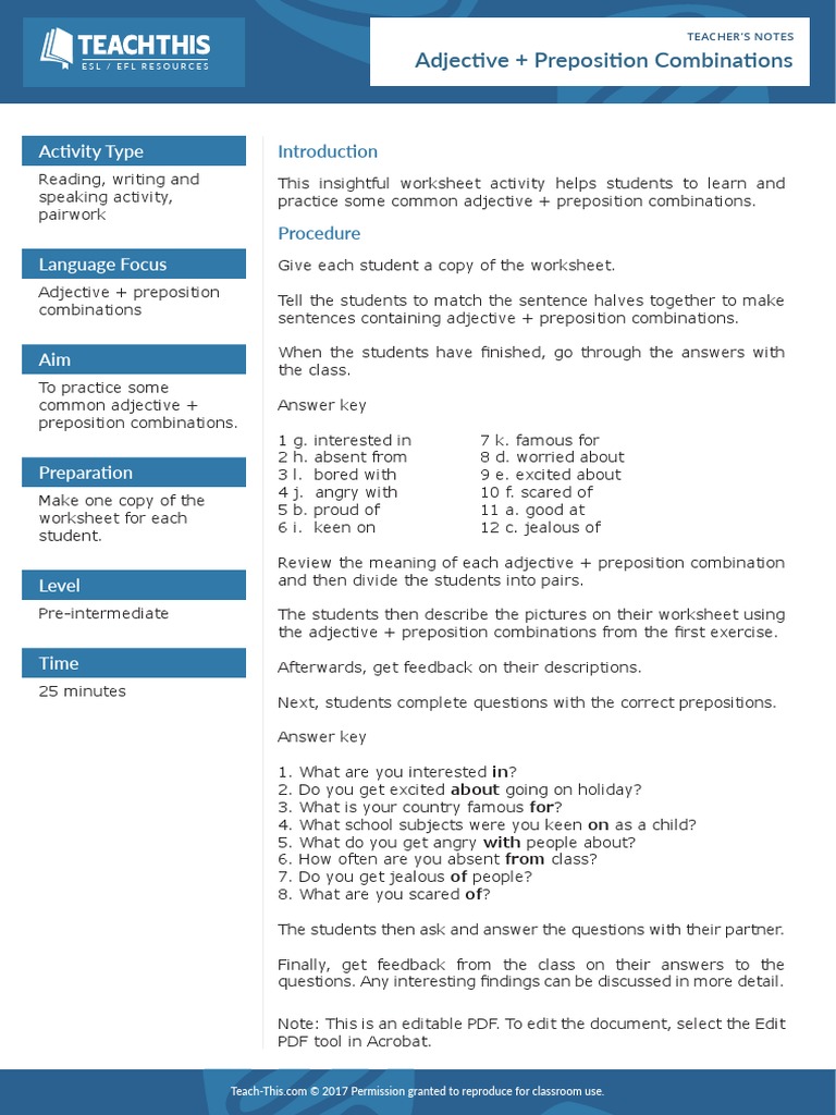 Adjective + Preposition Combinations | PDF | English As A Second Or Foreign Language | Behavior ...