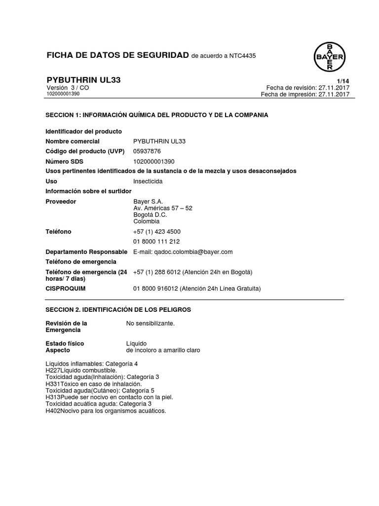 Ficha de Seguridad Pybuthrin 33 | PDF | Oxígeno | Pesticida