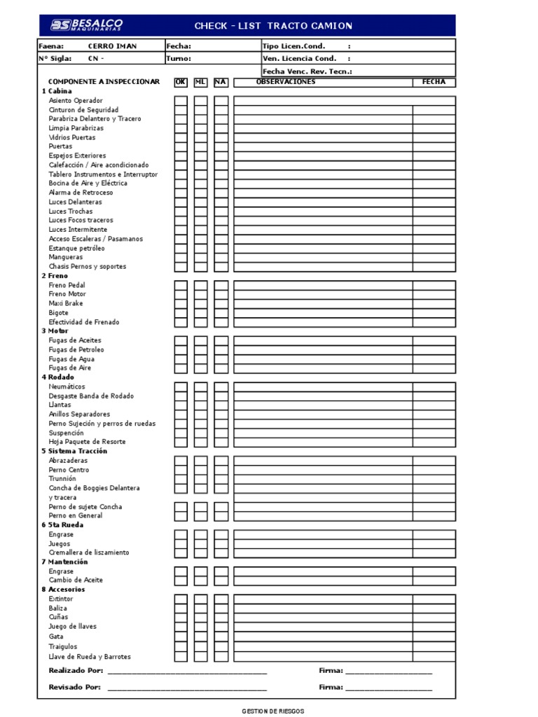 Checklist Mantenimiento Tractocamiones | PDF | Camión | Vehículos ...