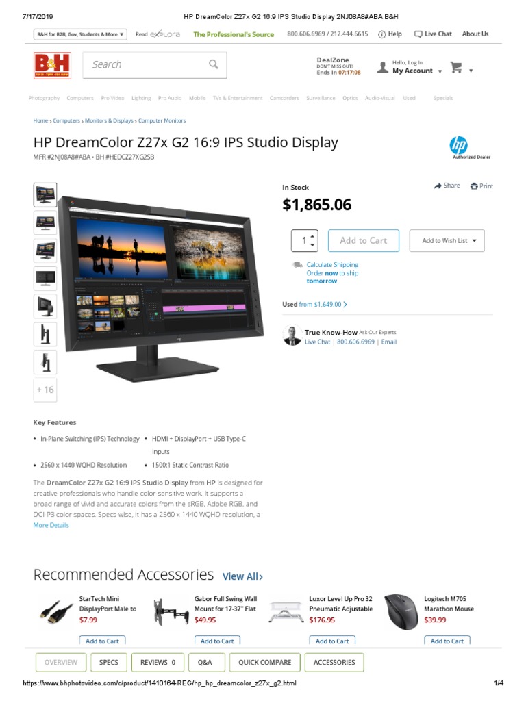 HP DreamColor Z27x G2 16 - 9 IPS Studio Display 2NJ08A8#ABA B&H | PDF ...