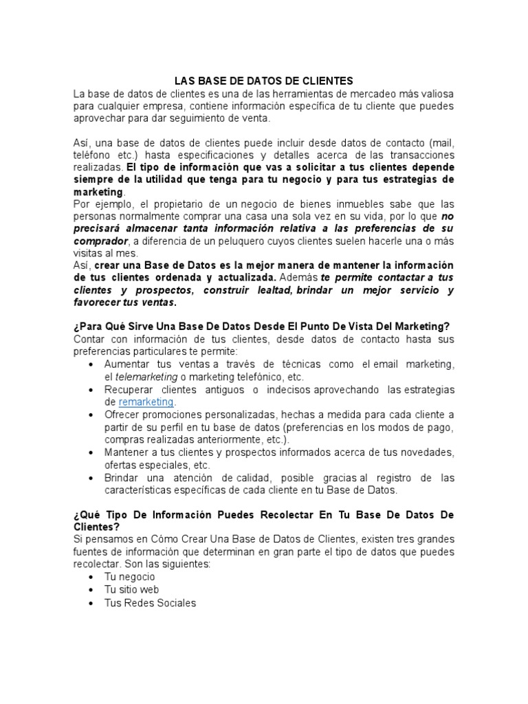 Base de datos clientes: información, usos y creación | PDF | Servicio ...