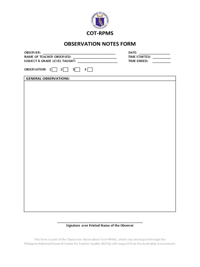 COT-RPMS Observation Notes Template | PDF | Career & Growth
