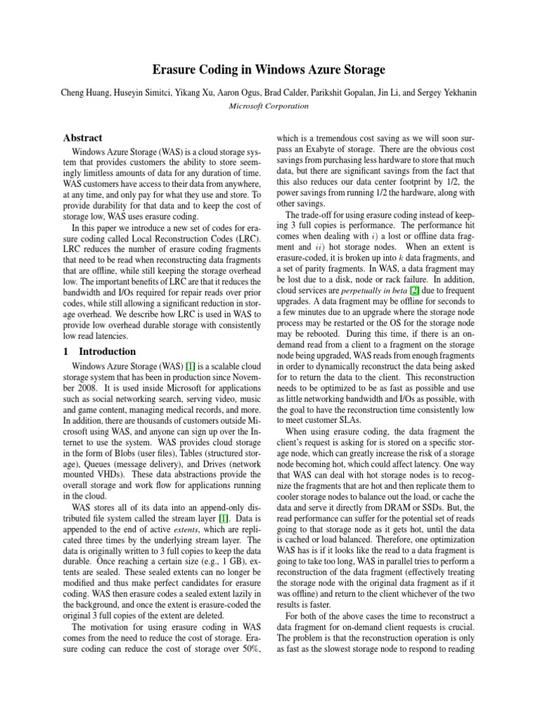 Erasure Coding in Windows Azure Storage: Microsoft Corporation | PDF | Reliability Engineering ...