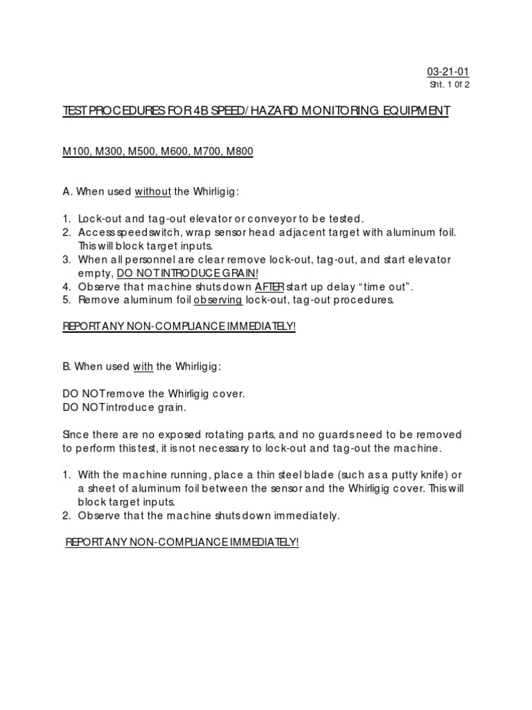 Test Procedures For 4B Speed/Hazard Monitoring Equipment: M100, M300 ...
