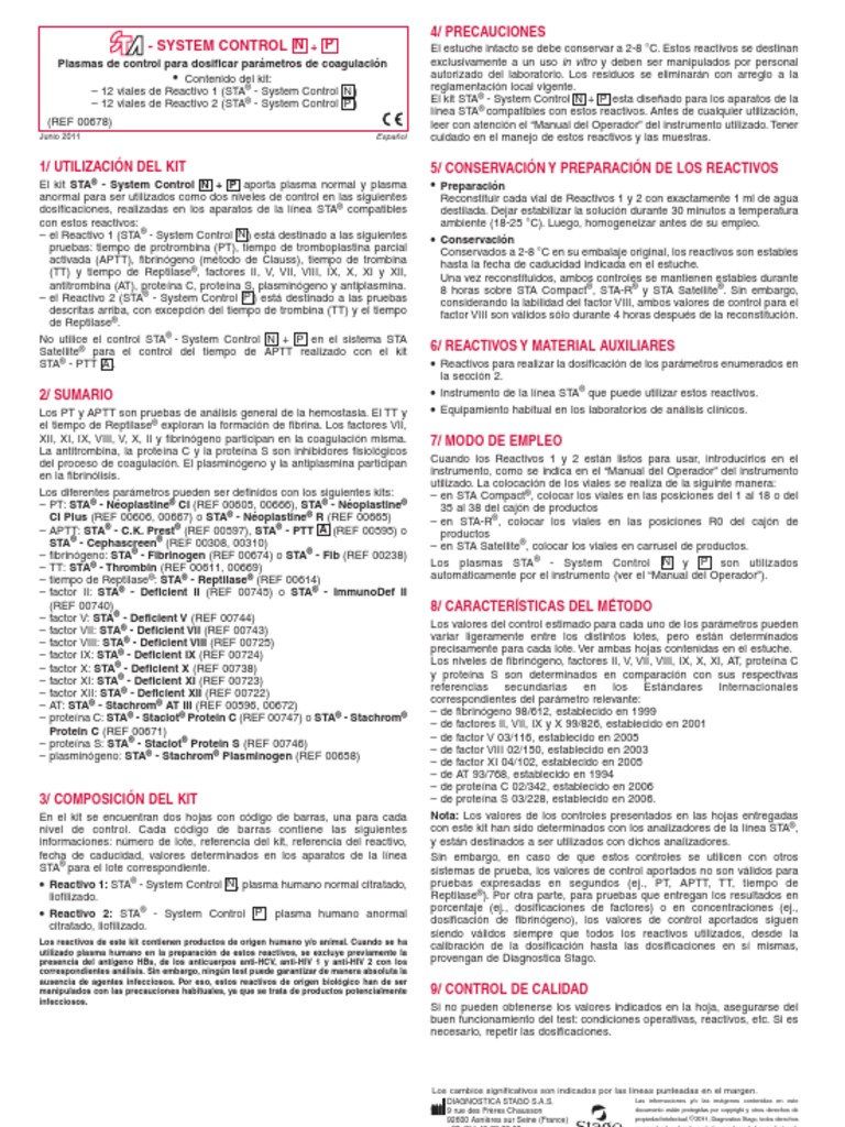 Kit STA® - Control de Coagulación | PDF | Coagulación | Proteínas