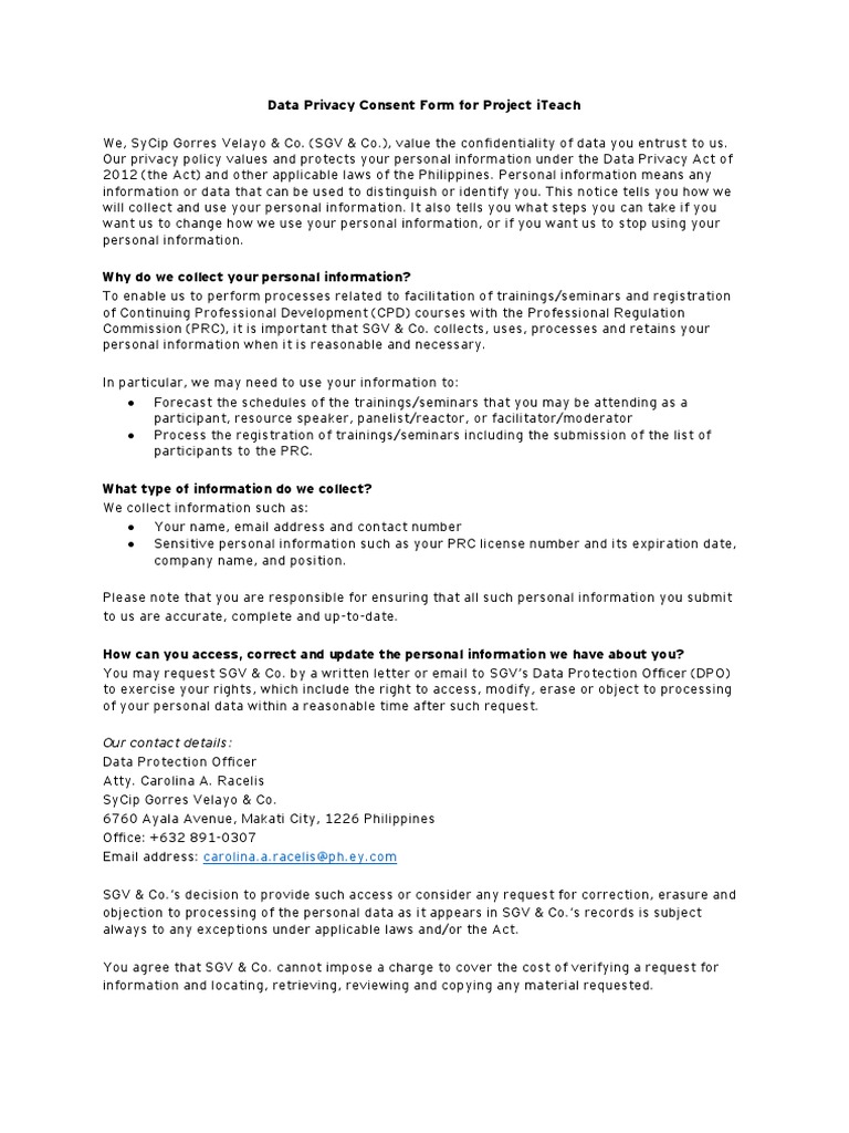 Project Iteach Data Privacy Consent Form 2 Signed PDF | PDF ...