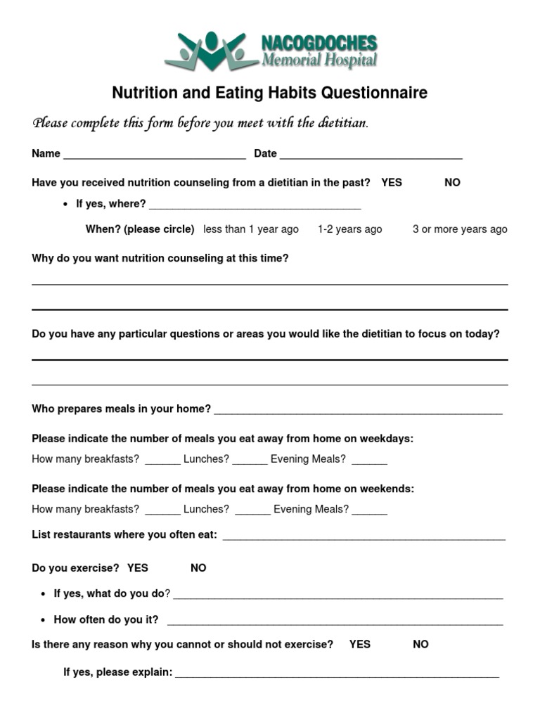 Nutrition Questionnaire | PDF | Drink | Lunch