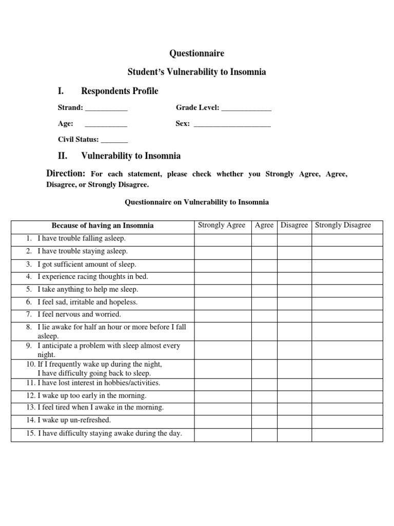 Questionnaire Student's Vulnerability To Insomnia I. Respondents ...