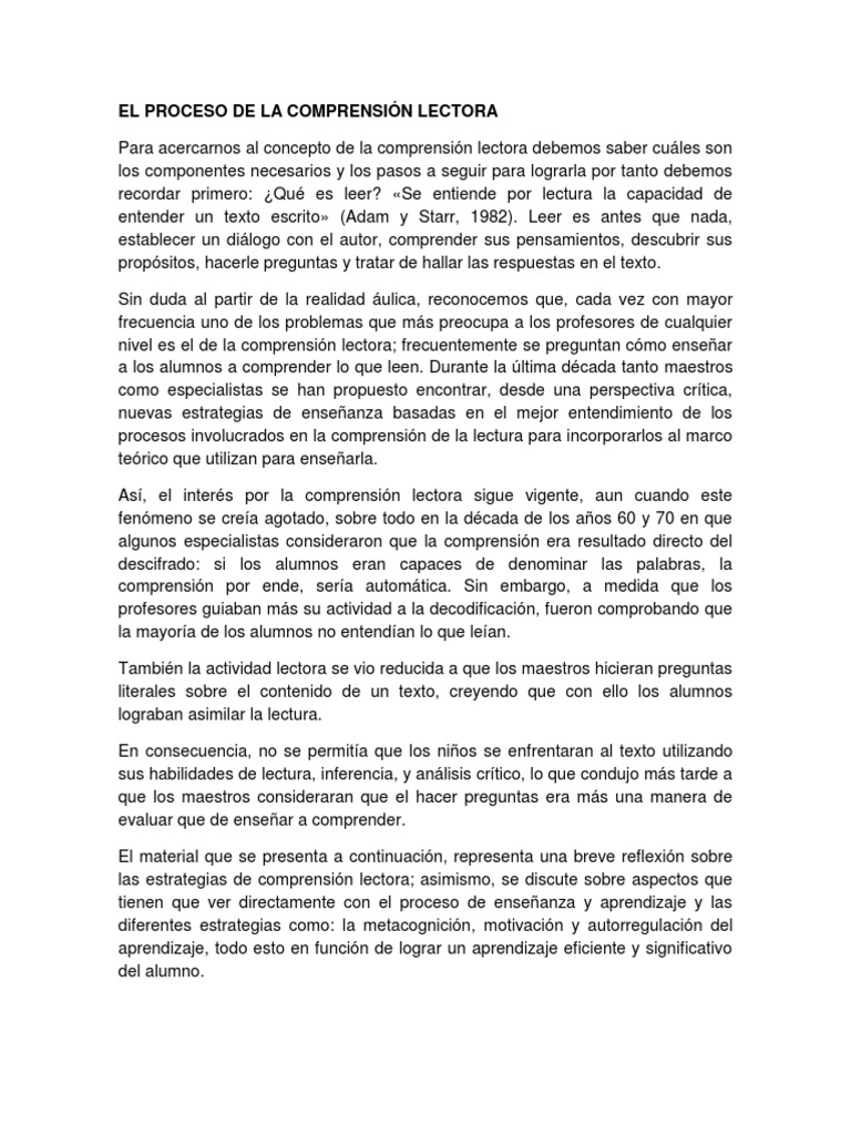 El Proceso de La Comprensión Lectora | PDF | Comprensión lectora ...