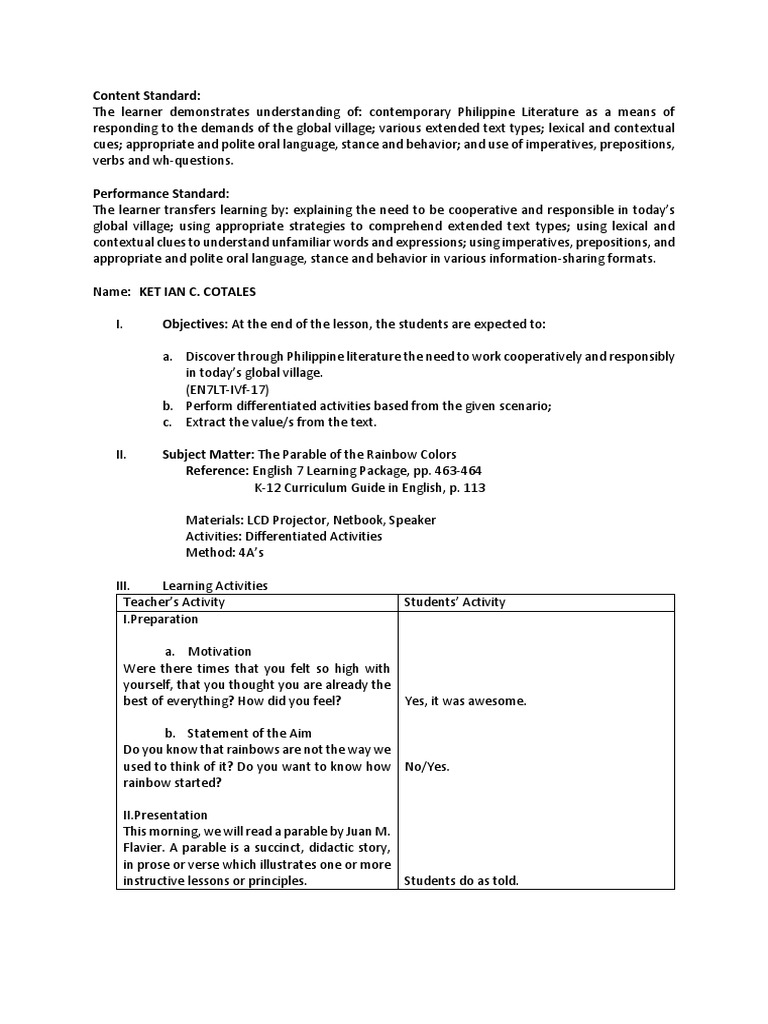 Lesson Plan (RPMS Observation 4) | PDF | Parable | Rubric (Academic)