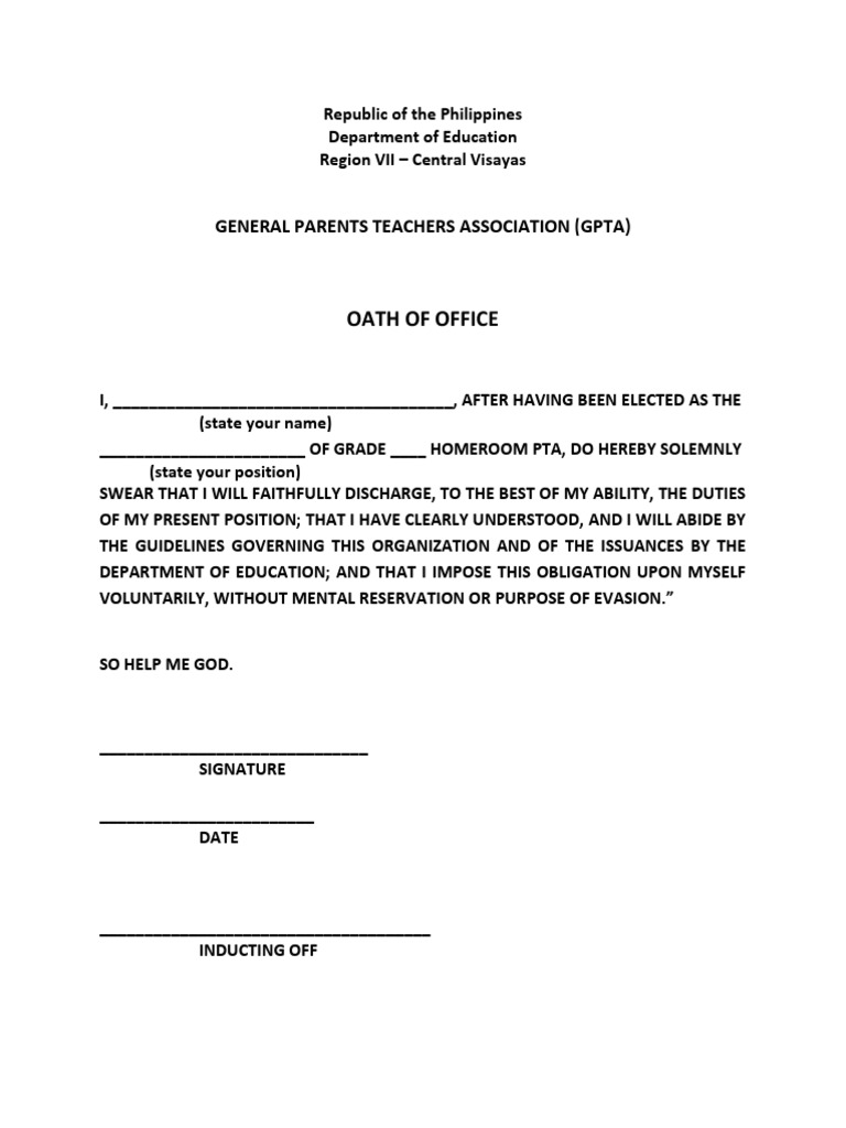 General Parents Teachers Association (Gpta) : Oath of Office | Download ...