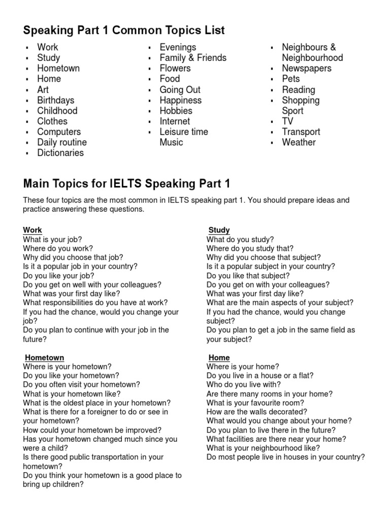 Speaking Part 1 Common Topics List | PDF | Classroom | Teachers