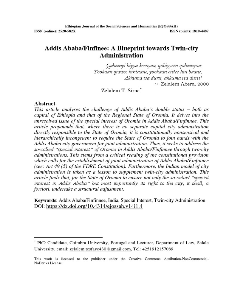 Addis Ababa/Finfinee: A Blueprint Towards Twin-City Administration ...