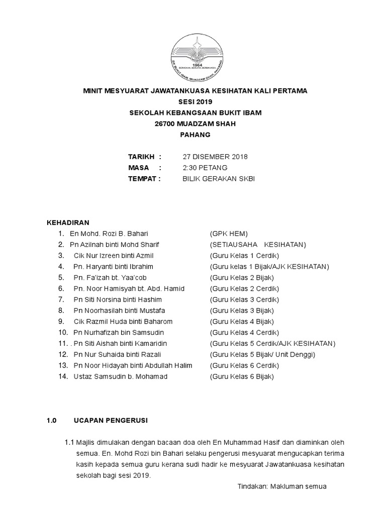 Minit Mesyuarat Kesihatan 1 | PDF