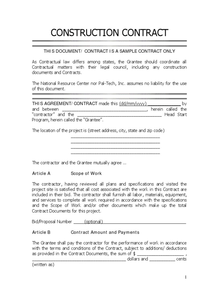 Construction Contract: This Document/ Contract Is A Sample Contract ...