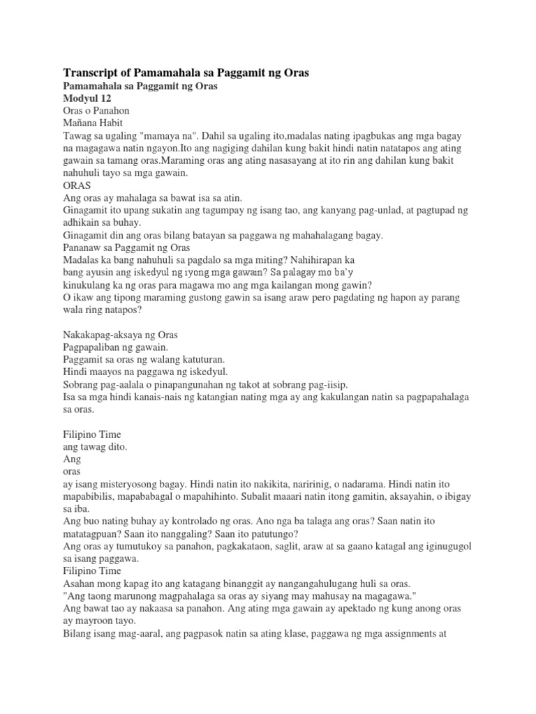 Transcript of Pamamahala Sa Paggamit NG Oras - Manana Habit | PDF