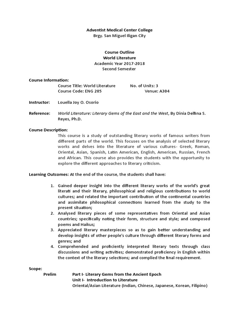 World Literature Course Outline ENG 205 | PDF | Poetry | Cognition
