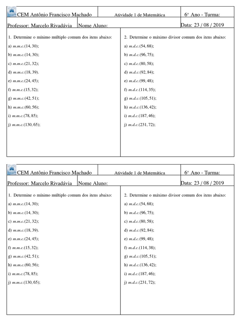 Exercícios de MMC e MDC - 6º Ano | PDF | Aritmética | Teoria dos Números