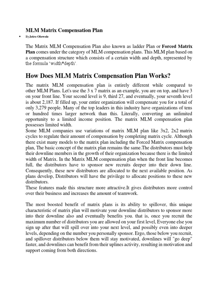 MLM Matrix Compensation Plan | PDF | Multi Level Marketing | Economies