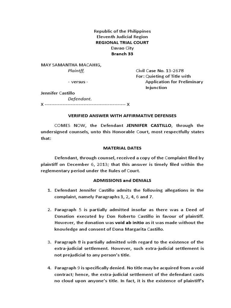 Answer-Quieting of Title:Injunction | PDF | Lawsuit | Virtue