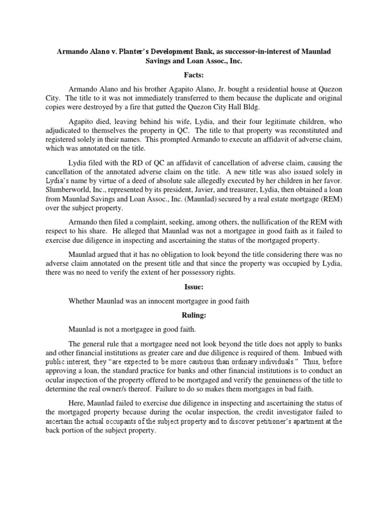 Armando Alano v. Planter's Development Bank, As Successor-In-Interest ...