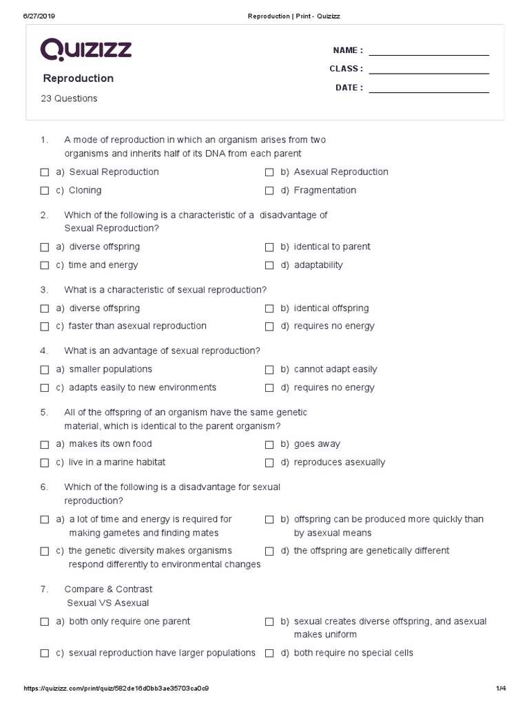 Reproduction - Print - Quizizz | PDF | Reproduction | Sexual Reproduction