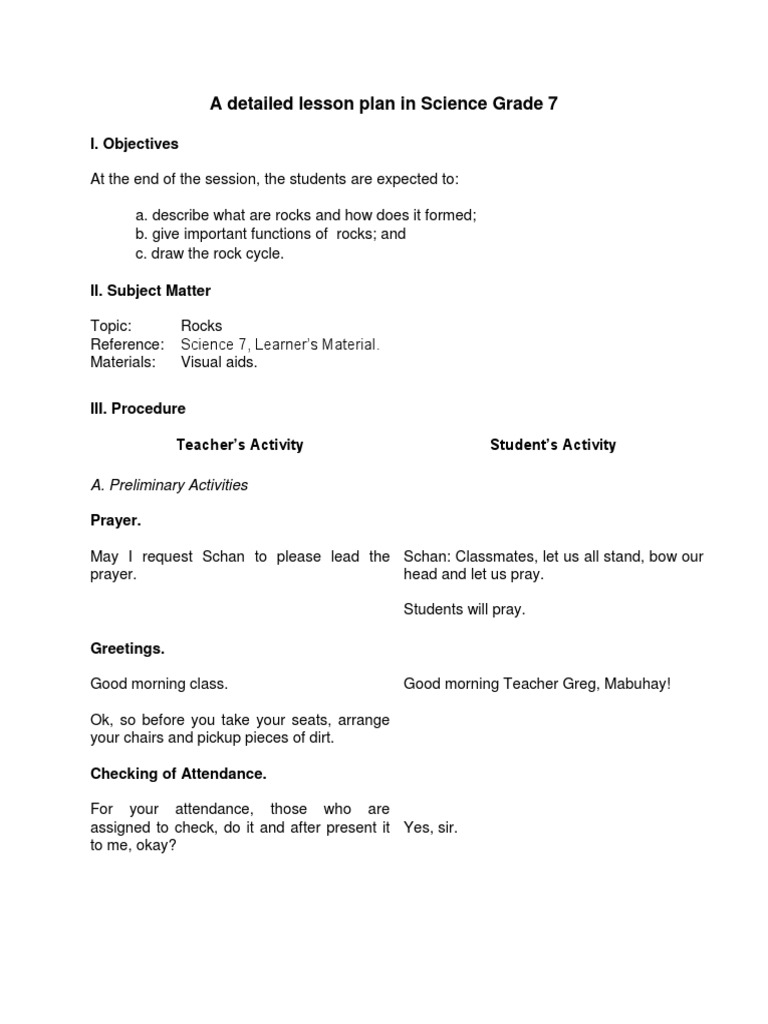 A Detailed Lesson Plan in Science Grade 7: I. Objectives | PDF | Rock ...