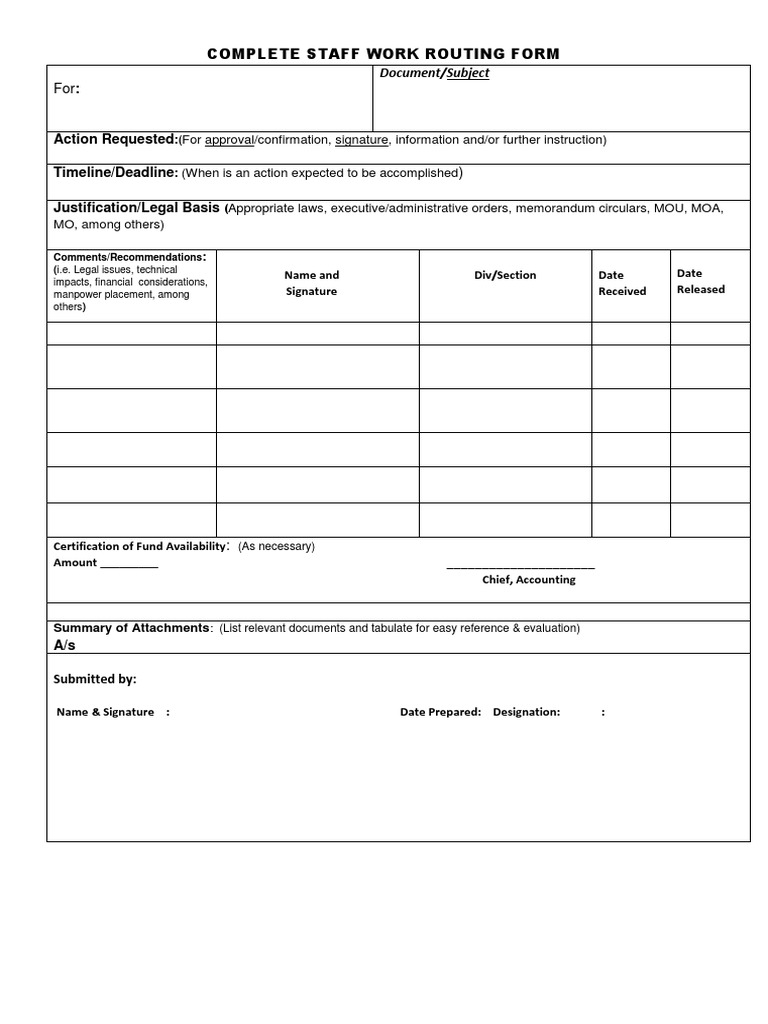 Complete Staff Work Routing Form: Action Requested: Timeline/Deadline ...