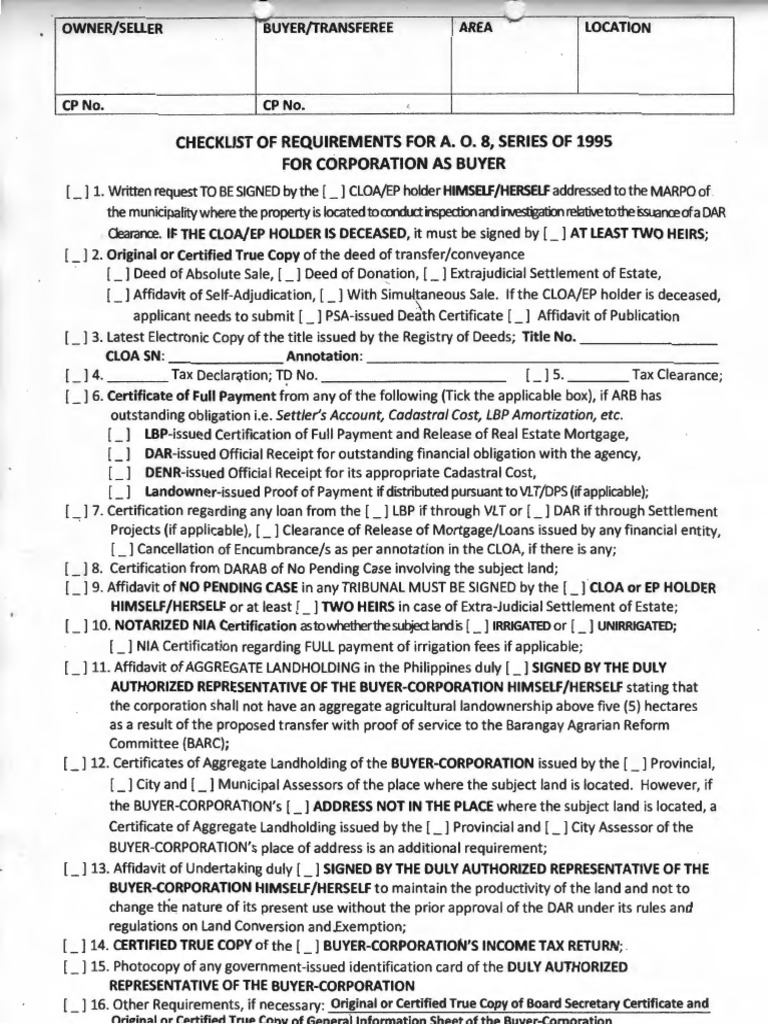 Requirements For DAR Clearance CLOA Lands Transfer To Corporation | PDF
