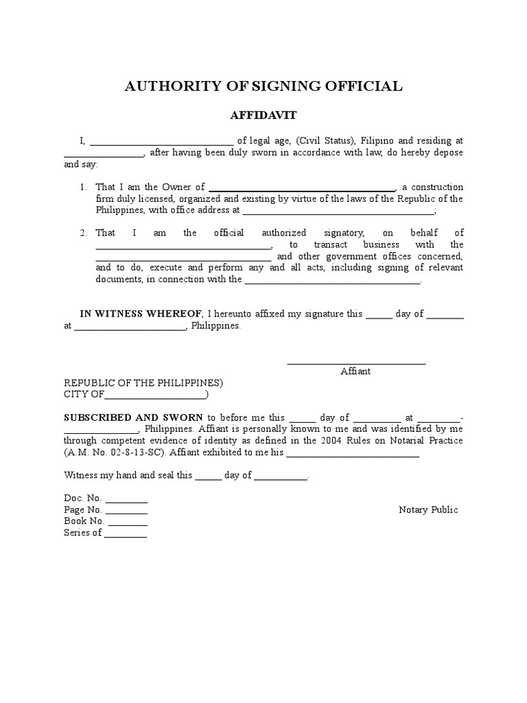 Signing Authority Affidavit Template | PDF | Law