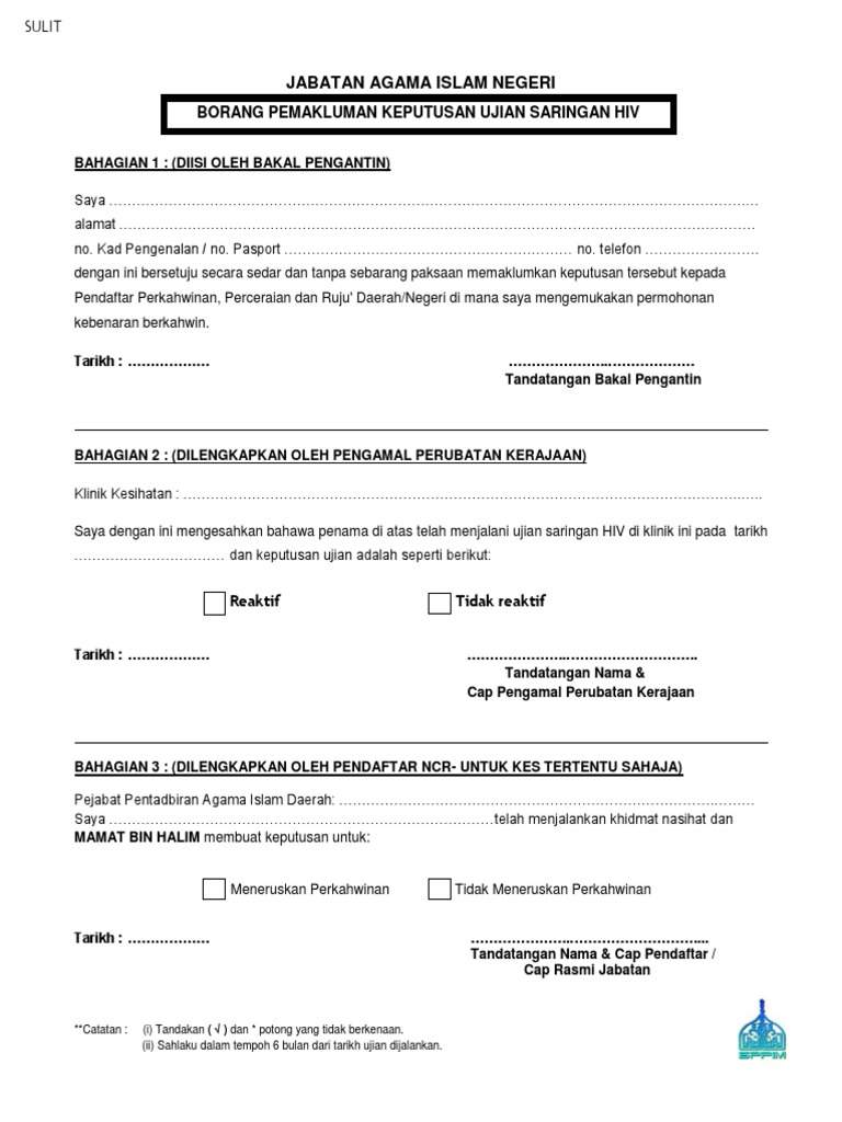 Borang Saringan Hiv Perkahwinan | PDF