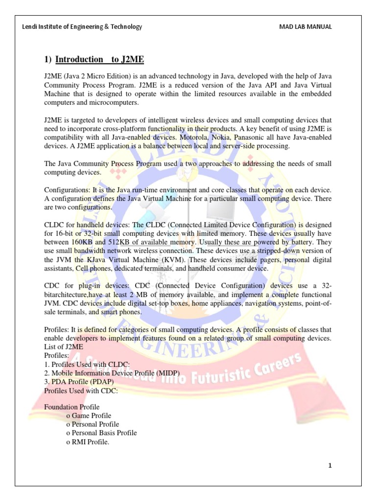 1) Introduction To J2ME: Lendi Institute of Engineering & Technology Mad Lab Manual | PDF ...