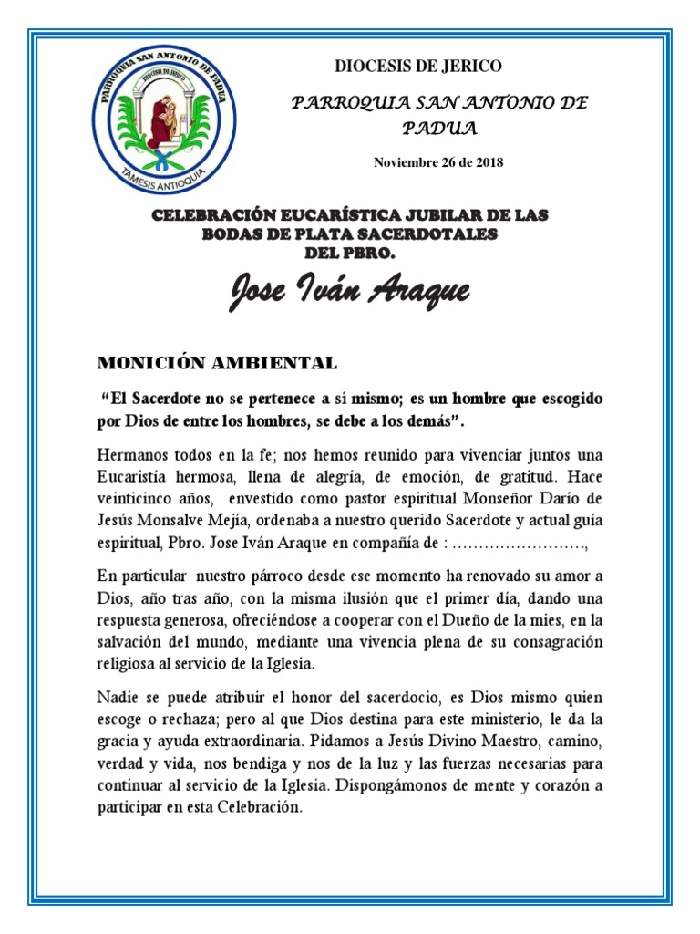 Moniciones Ceremonia de Bodas de Plata | eucaristía | Misa (liturgia)