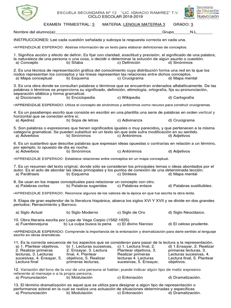 Examen de Español 3-Tercertrimestre | PDF | Autobiografías | Palabra