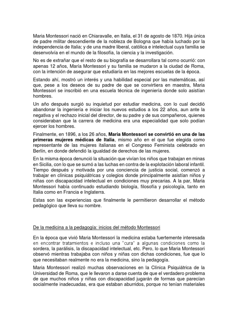 Maria Montessori, Biografia. | PDF | Educación Montessori | Preescolar