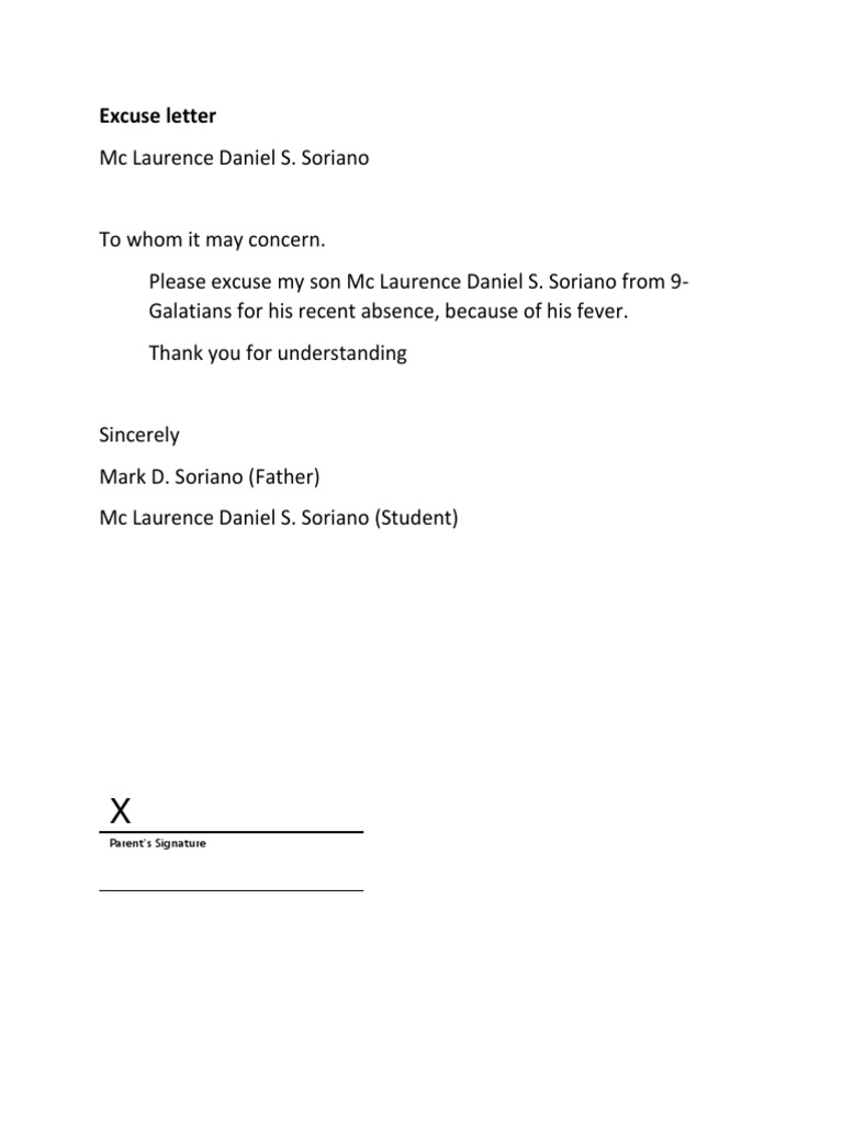 Excuse Letter: Parent's Signature | PDF