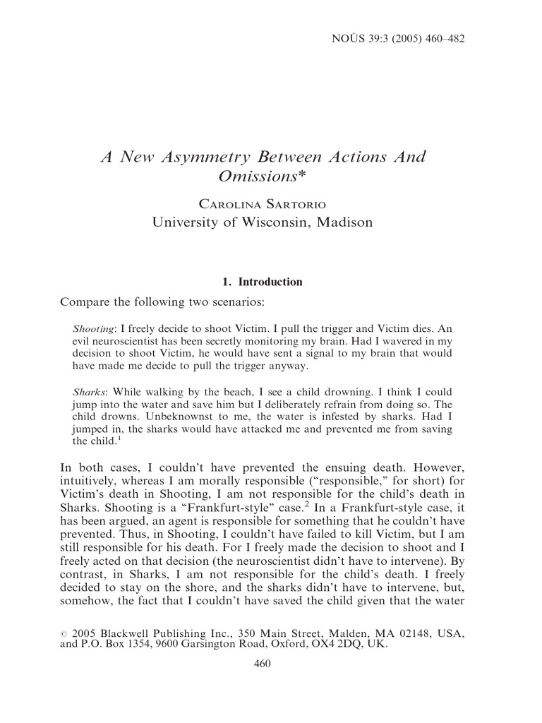 A New Asymmetry Between Actions and Omissions | PDF | Causality | Argument