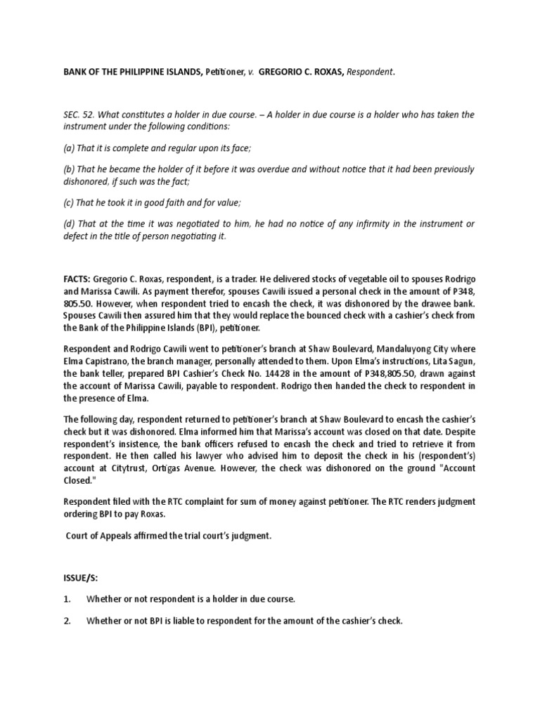 BPI Vs Gregorio Roxas | PDF | Cashier's Check | Cheque