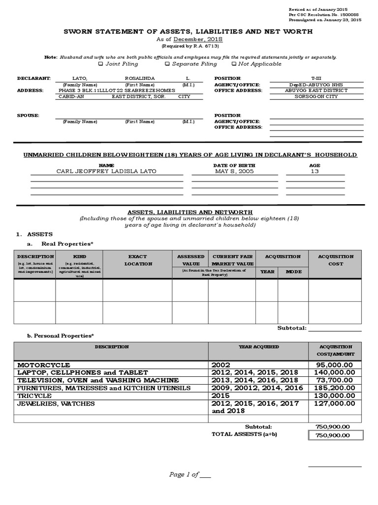 As of December, 2018: Unmarried Children Below Eighteen (18) Years of ...