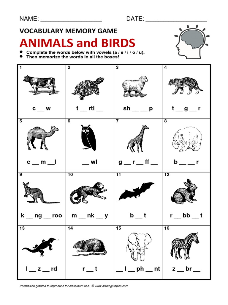Memory Game Animals Birds | PDF | Vocabulary | Semiotics
